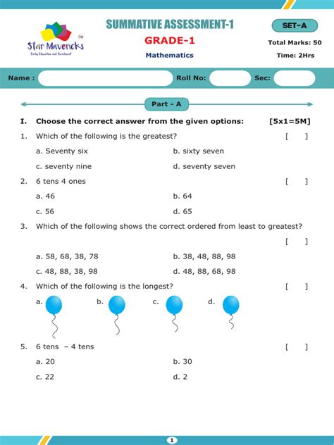 Sa 1 Grade 1 Mathematics Qp Set A Pdf Mathematics