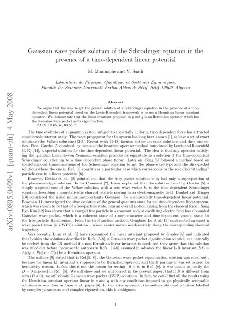 Pdf Gaussian Wave Packet Solution Of The Schrodinger Equation In The Presence Of A Time