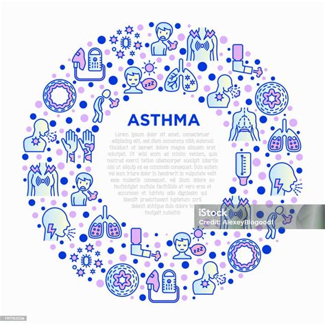 얇은 선 아이콘으로 원에 천식 개념 알레르겐 호흡 곤란 기침 천명 흉통 횡격막 천식 발작 두드러기 가래 피크 유량계 흡입기 분무기 현대 벡터 그림입니다 선 아이콘에 대한