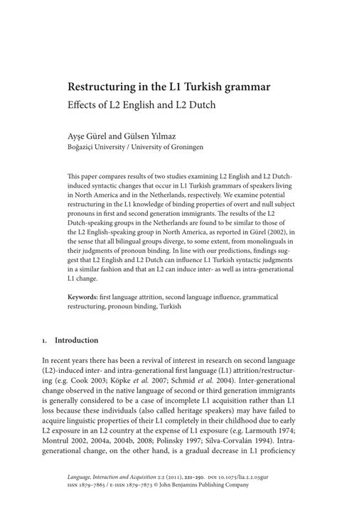 Pdf Gürel A And Yılmaz G 2011 Restructuring In The L1 Turkish Grammar Effects Of L2