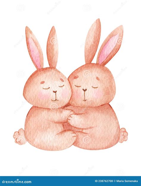 Linda Ilustración De Acuarela Con Dos Conejos Abrazándose Aislados En