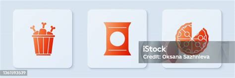 가방 또는 패킷 감자 칩 치킨 레그 패키지 상자와 피자를 설정합니다 흰색 정사각형 버튼 벡터 가공육에 대한 스톡 벡터 아트 및 기타 이미지 Istock