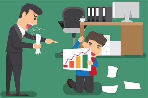 화가 보스 캐릭터는 성장 그래프와 노동자에게 외치는 그의 보호 금융 위기 성장 그래프 보스와 리더 개념 벡터 플랫 만화 일러스트 가리키기에 대한 스톡 벡터 아트 및 기타