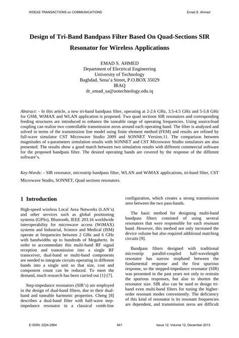 pdf design of tri band bandpass filter based on quad sections sir