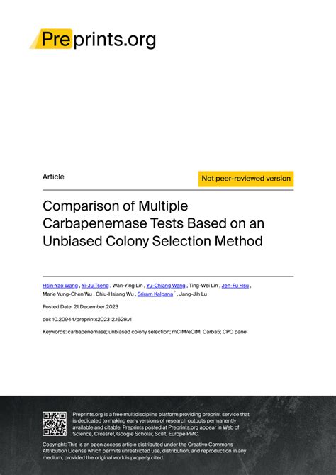 Pdf Comparison Of Multiple Carbapenemase Tests Based On An Unbiased Colony Selection Method