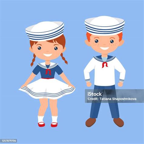 귀여운 치비 캐릭터 소년과 소녀 에 선원 정장 아이들을위한 직업 플랫 만화 스타일 수병에 대한 스톡 벡터 아트 및 기타 이미지