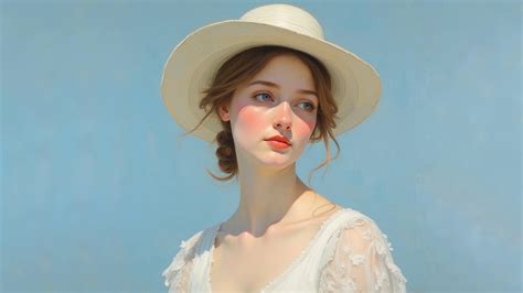 Портрет девушки в белом платье и шляпе на голубом фоне · 1920x1080 Full Hd бесплатная фотография