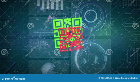 Composition Of Qr Code Over Data Processing And Network Of Connections On Black Background Stock