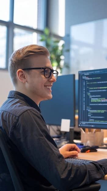 Side View Portrt Of Smiling Caucasian Man As Computer Programmer Writing Code At Office