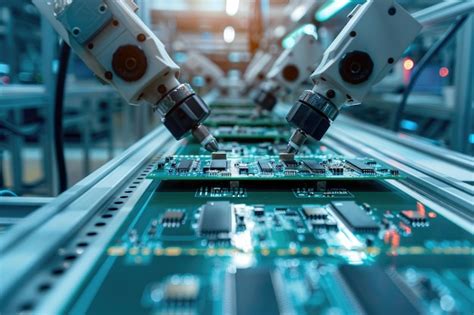Printed Circuit Board Assembly Process Conveyor With Robotic Arms In