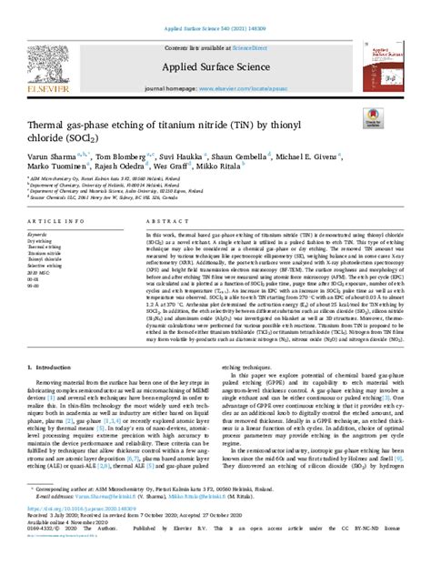 Pdf Thermal Gas Phase Etching Of Titanium Nitride Tin By Thionyl