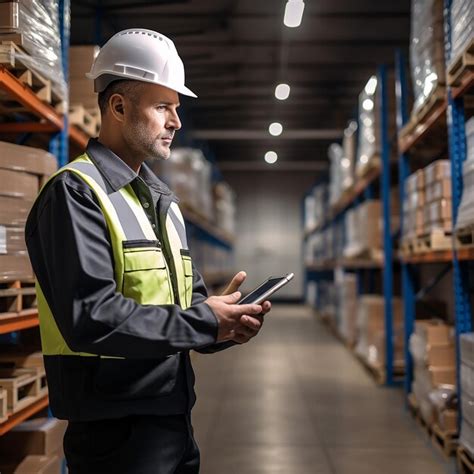 Premium Photo Man Is Looking In A Hardware Warehouse Standing Checking Supplies On His Tablet