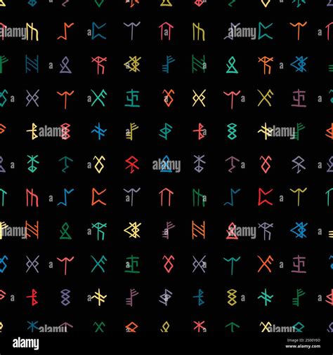 Hand Drawn Colorful Seamless Pattern With Runes And Runic Alphabet