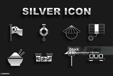 중국의 만리 장성 불꽃 놀이 도마에 초밥 태양의 일본 우산 젓가락이있는 밥 그릇 중국 원뿔형 밀짚 모자 깃대 및 종이 등불 아이콘 벡터 0명에 대한 스톡 벡터 아트 및 기타