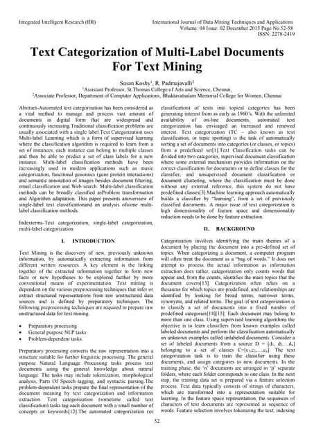 text categorizationof multi label documents for text mining pdf