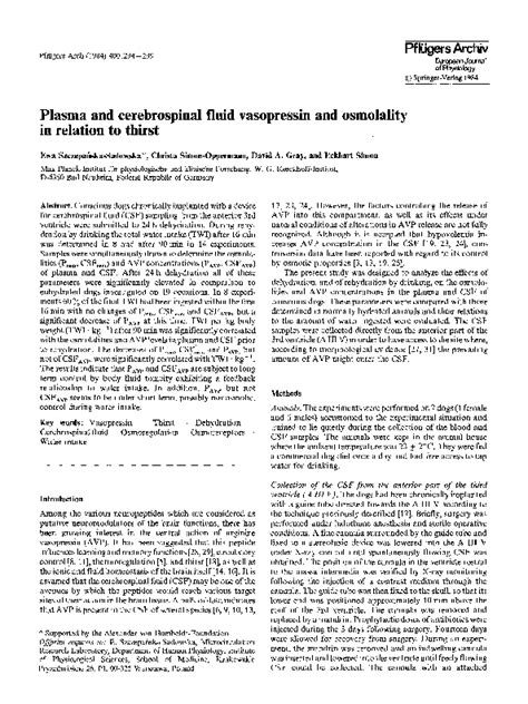Pdf Plasma And Cerebrospinal Fluid Vasopressin And Osmolality In Relation To Thirst