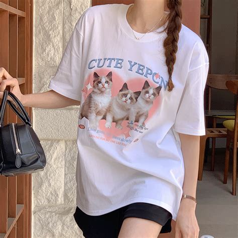 어나더뷰 면100남여공용 하트 캣 프린팅 반팔 티셔츠 오버핏 순면 빅사이즈 반팔티 반소매 박스티 커플티 고양이 No2008
