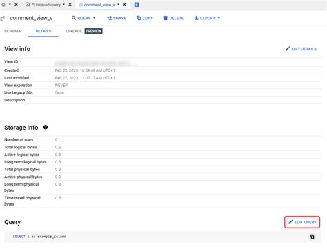 Google Cloud Platform BigQuery Create View With Comments Added To