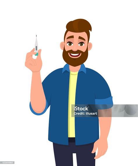 온도계를 보여주는 젊은 힙스터 남자 체온 측정 디지털 기기를 들고 있는 트렌디한 수염을 기재한 사람 남성 캐릭터 디자인 건강 관리 라이프 스타일 벡터 스타일의 만화