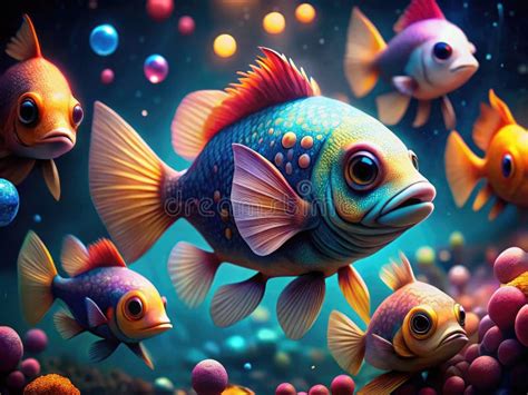 Enchanting Underwater Realm Cartoon Fish Frolic In A Dark Blue Bokehfilled Fantasy Scene Stock