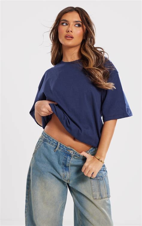 Dark Blue Boxy Oversized T Shirt Tops Prettylittlething Usa