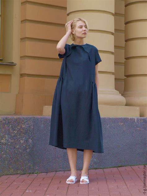 Платье из льна темно синего цвета Карп в интернет магазине на Ярмарке Мастеров Платья Санкт
