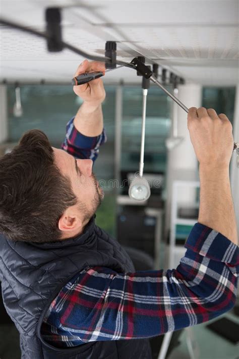 Senior Man Installing Ceiling Light Stock Image Image Of Worker Appartment 271544947