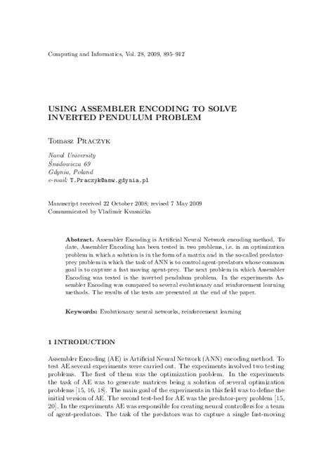 using assembler encoding to solve inverted pendulum problem computing and informatics