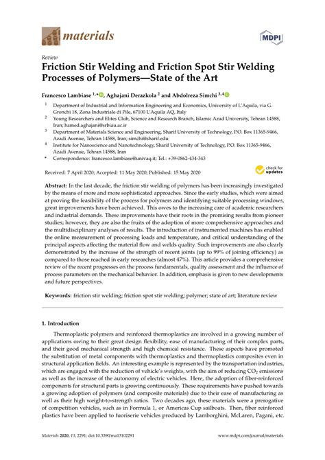 Pdf Friction Stir Welding And Friction Spot Stir Welding Processes Of Polymers—state Of The Art