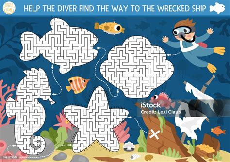 아이 기하학적 해마 물고기 조개 별을위한 바다 미로 아래 해양 유치원 인쇄 가능한 활동 물 미로 게임 또는 퍼즐 다이버가 난파