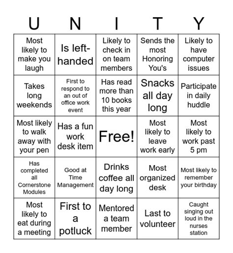 Unity Bingo Card