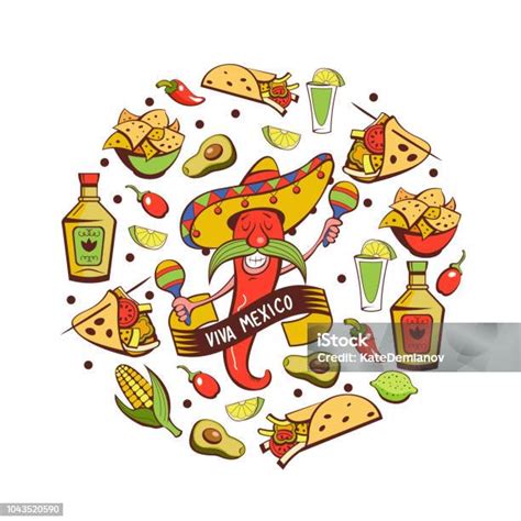 마라 카스와 함께 춤을 솜브레로에 레드 칠리입니다 멕시코 음식입니다 인기 있는 멕시코 요리 패스트 푸드의 집합입니다 벡터 일러스트입니다 0명에 대한 스톡 벡터 아트 및 기타