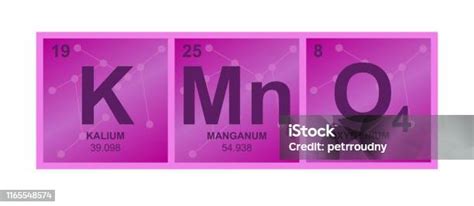 분리된 연결된 분자로부터 배경에 나트륨 탄소 및 산소 원자 및 분자로 구성된 칼륨 과망간화 Kmno4 분홍색 또는 보라색 용액 또는 화합물의 벡터 기호 칼륨에 대한 스톡