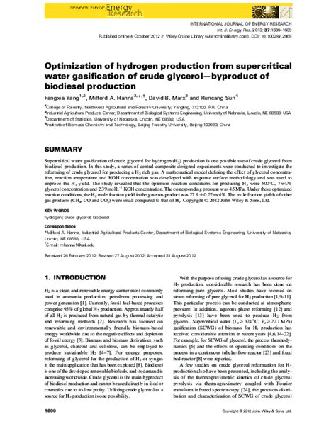 Pdf Hydrogen Production Via Glycerol Gasification