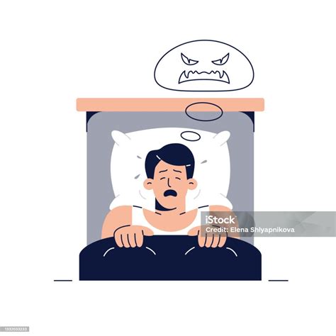 악몽 벡터 일러스트레이션 무서운 남자 캐릭터는 나쁜 꿈을 가지고 악몽에서 괴물의 무서워 수면 장애 불면증 성인 악몽 웹에 대한 나쁜 꿈의 개념 플랫 디자인 개념에 대한 스톡