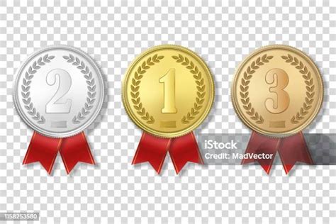 벡터 3d 사실적인 골드 실버 및 브론즈 상 메달 아이콘 설정 색상 리본 흰색 배경에 격리 첫 번째 두 번째 세 번째 장소 상금