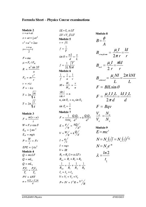 Physical Formula Sheet Unilearn Physics 0703 Formula Sheet