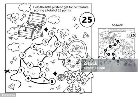 수학 추가 게임 아이들을위한 퍼즐 미로 색칠 공부 페이지 보물 상자와 만화 해적의 개요 어린이를위한 색칠 공부 책 모험에 대한 스톡 벡터 아트 및 기타 이미지 Istock