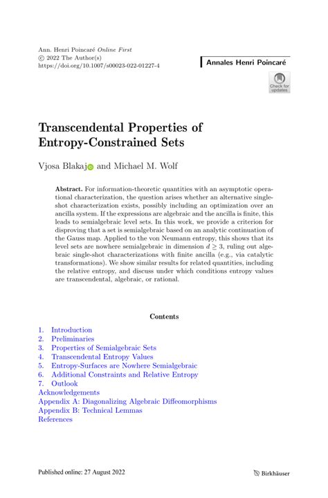 Pdf Transcendental Properties Of Entropy Constrained Sets