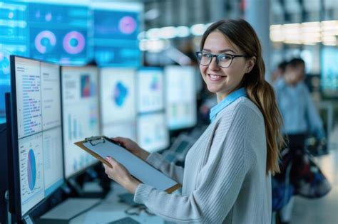 Smiling Young Woman Data Analyst Holding Clipboard Front Multiple
