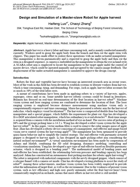 Design And Simulation Of A Master Slave Robot For Apple Harvest Pdf Robot Robotics