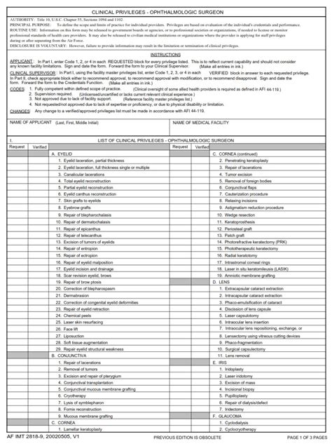 Af Form 2818 9 Clinical Privileges Ophthalmologic Surgeon Af Forms