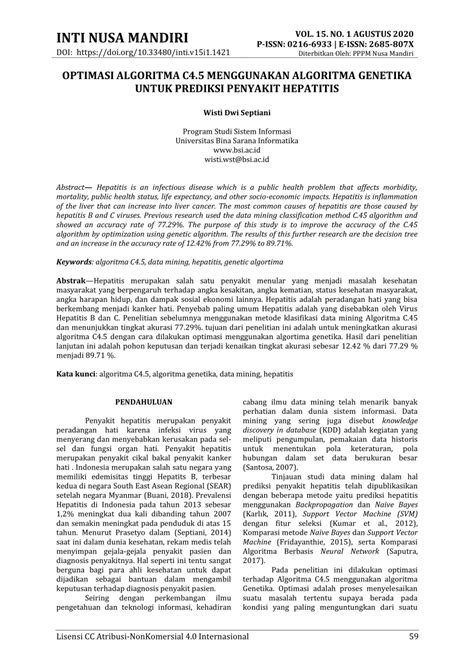 Pdf Optimasi Algoritma C4 5 Menggunakan Algoritma Genetika Untuk Prediksi Penyakit Hepatitis