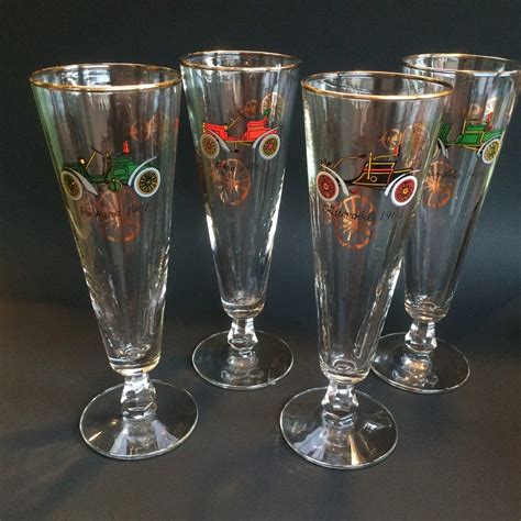 Set Of 4 Tall Classic Automobiles Vintage Mid Century Pilsner Beer Glasses Haute Juice