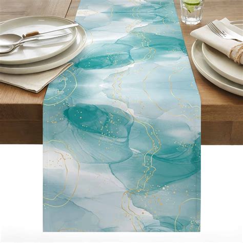 Abstract Ombre Table Runner 13x36 Inch Green Marble Texture With Golden
