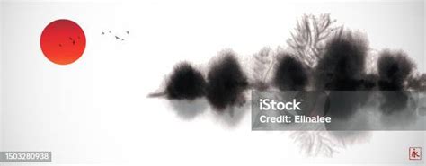 미니멀하고 깨끗한 스타일의 잉크 워시 페인팅 숲 나무와 큰 붉은 태양이 있는 안개 낀 섬 전통적인 동양 수묵화 Sumie Usin Gohua Hieroglyph