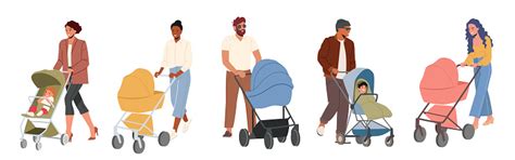 어린 부모들이 마차를 들고 걷는다 어머니와 아버지는 흰색에 고립 된 신생아 또는 유아 아기와 유모차를 밀어 아기 유모차에 대한 스톡 벡터 아트 및 기타 이미지 Istock