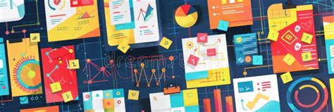 Dynamic Business Charts And Graphs On A Blue Wall With Sticky Notes And