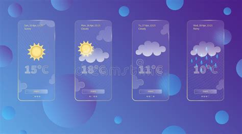 Set Of 3d Glassmorphism Weather Forecast App Template Interface Design Kit Day Meteo Icons On