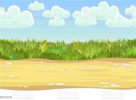 원활한 모래 도로 수평 테두리 구성 여름 초원 풍경 육즙이 많은 잔디 시골 소박한 풍경 만화 디자인 플랫 스타일 아트 일러스트 벡터 0명에 대한 스톡 벡터 아트 및 기타